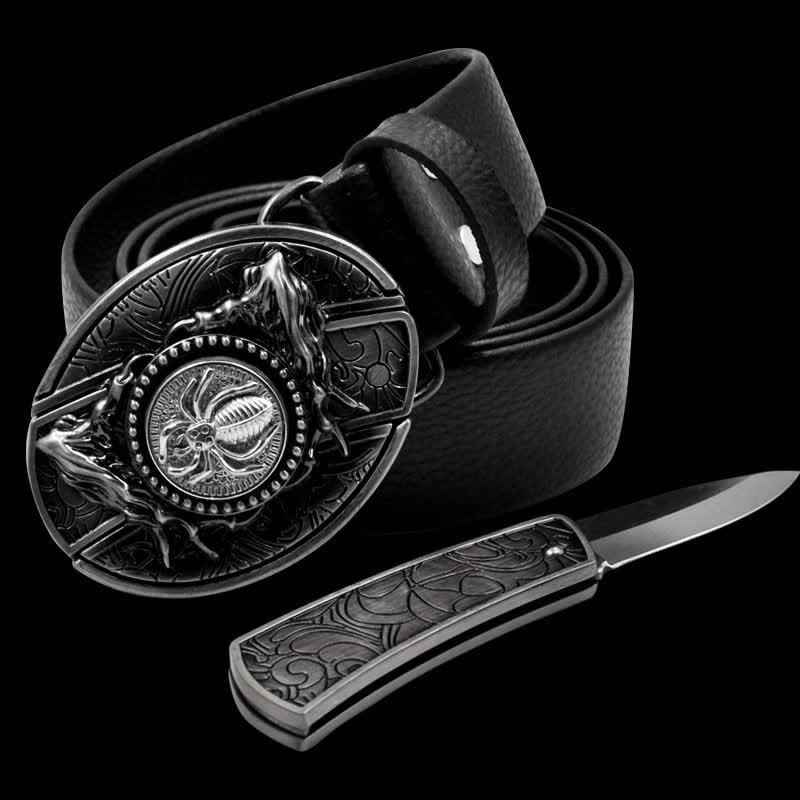 Men's Rotating Spider Leather Belt With Folding Knife – FloralTrip
