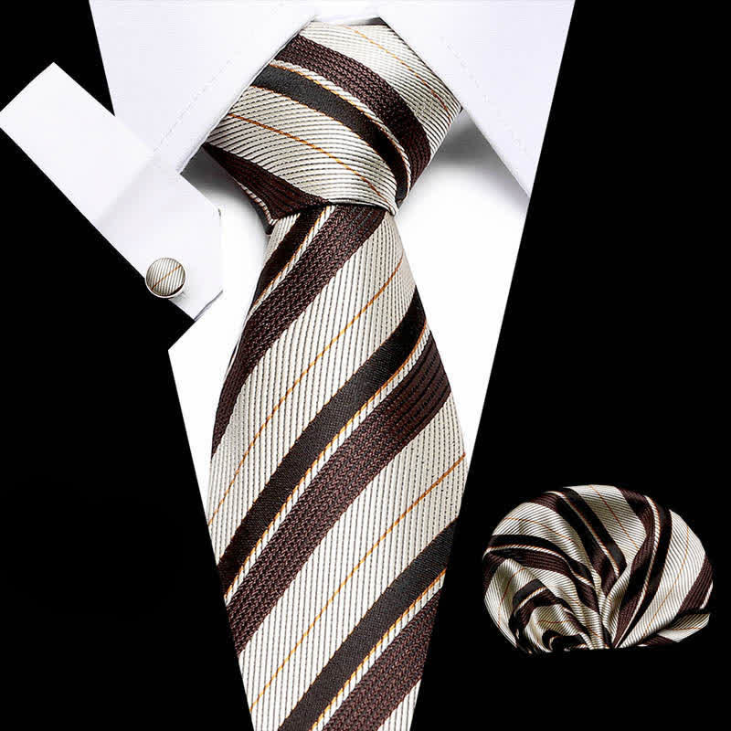 3Pcs Men's Champagne & Coffee Striped Necktie Set – FloralTrip